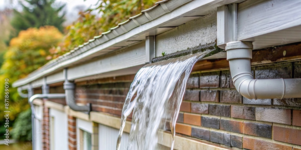 Rainwater cascades from a clogged gutter onto a brick wall, creating a ...