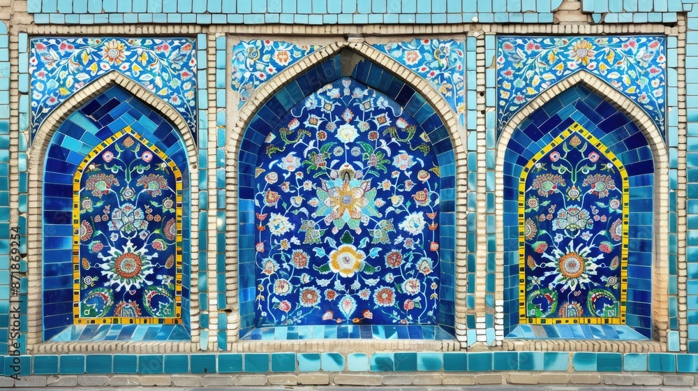 Traditional Persian mosaic wall with geometric and floral designs in ...