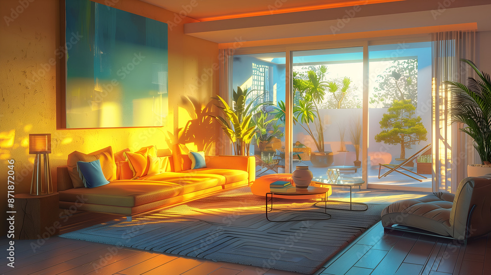 Living room in a modern home, minimalist, Cholo, gouache, ultra wide ...