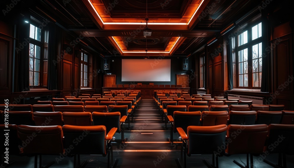 Spacious lecture hall at a university with rows of seats and a large ...