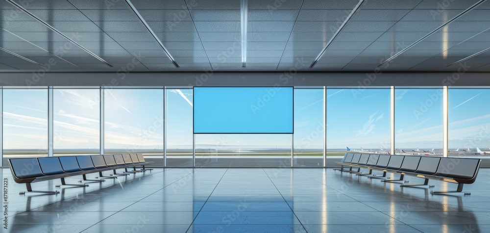 Modern airport terminal interior with empty seating, large windows, and ...