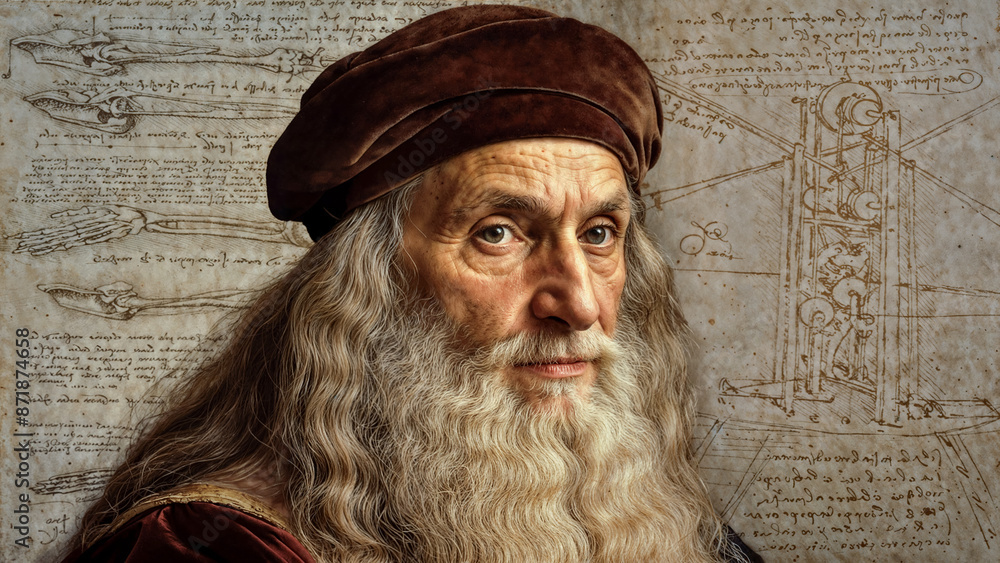 Leonardo da Vinci, Renaissance polymath, depicted with intricate ...