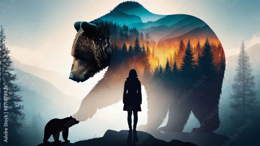 double exposure silhouette of a mama bear with his cub and a woman ...
