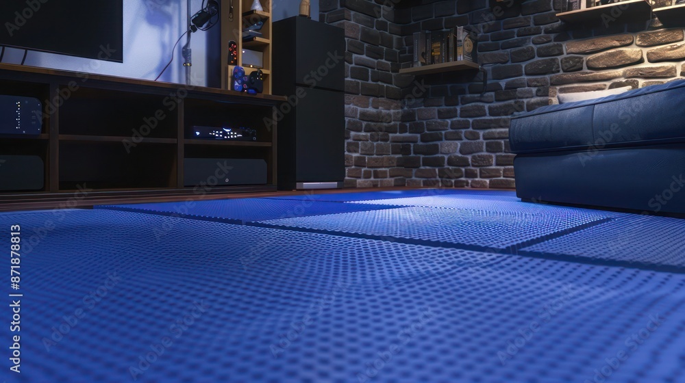 Sapphire blue rubber mats in a basement gaming room, adding depth and ...
