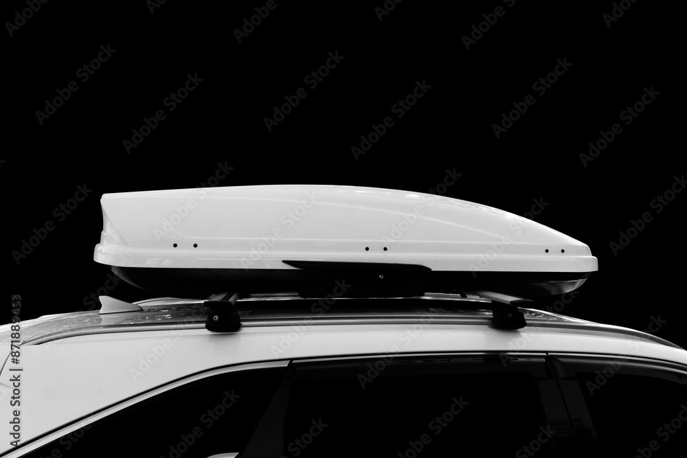 Carrier car roof box isolated. White plastic car rooftop cargo box or ...