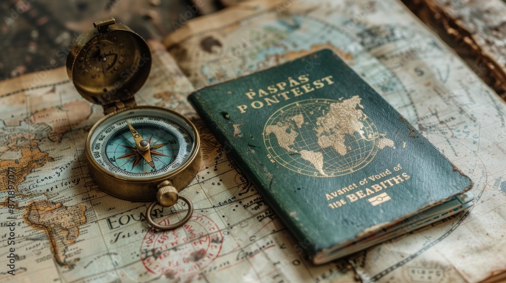 A close-up of a passport with international stamps and visas, lying on ...