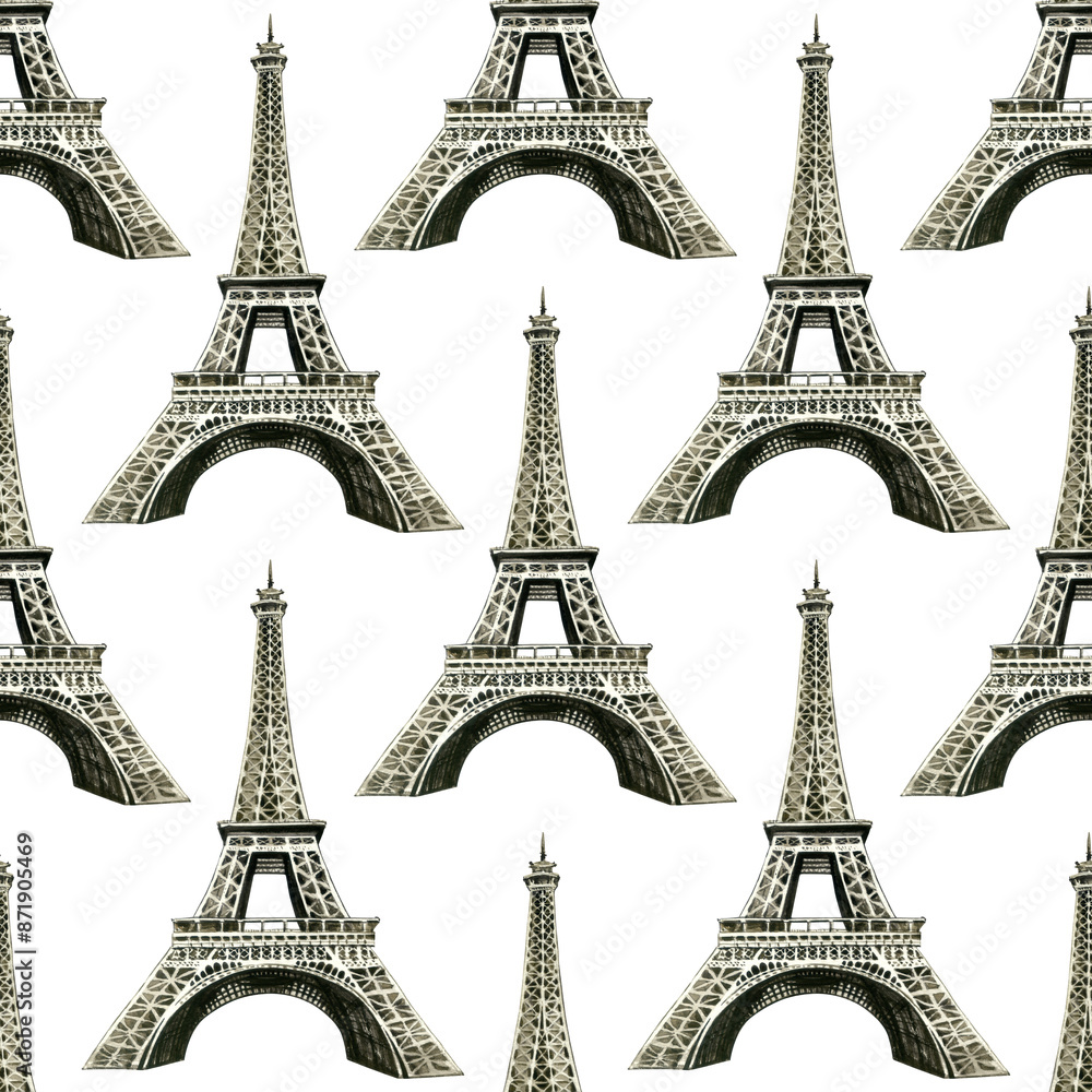 Seamless pattern of Watercolor hand drawn Eiffel Tower on white ...