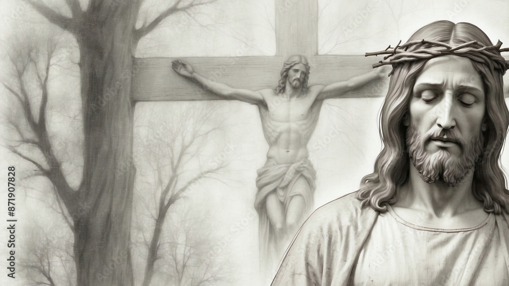 Jesus Christ on the background of the crucifixion drawing illustration ...