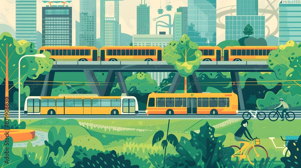 Sustainable Urban Mobility Poster: Green Cityscape with Buses, Trains ...
