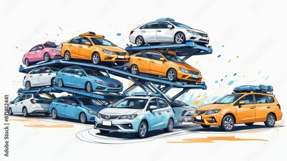 Cars Parked on a Multi-Level Car Transport System Stock Illustration ...