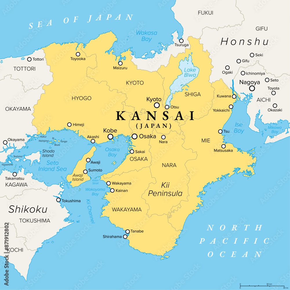 Vetor de Kansai region, or the Kinki region in Japan, political map ...