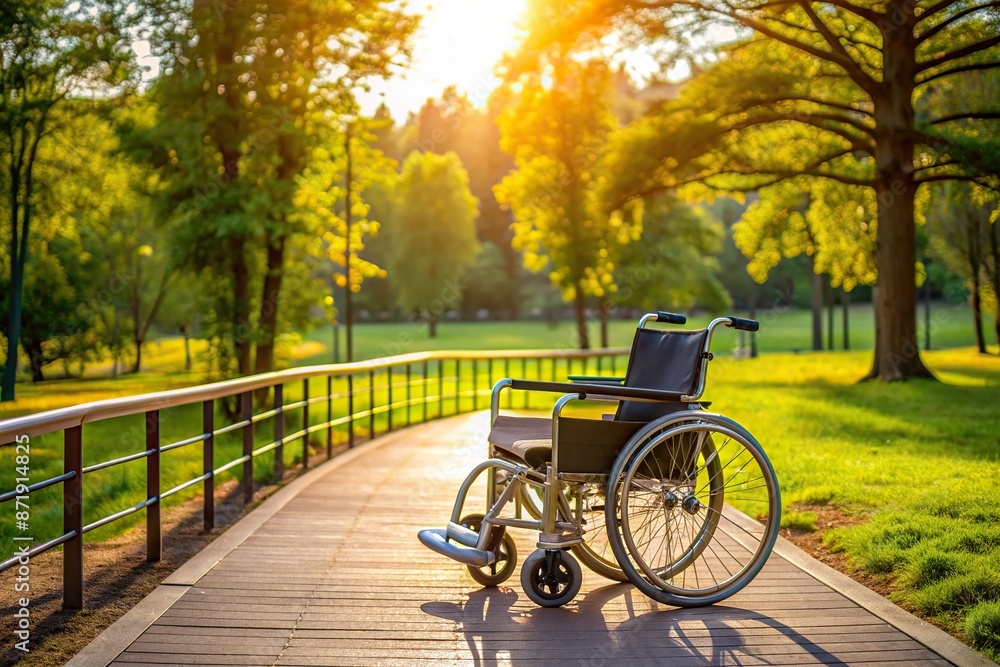 A serene outdoor scene with a empty special wheelchair and a pathway ...