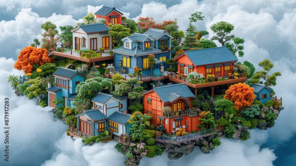 Imaginative floating island village with colorful houses and lush ...