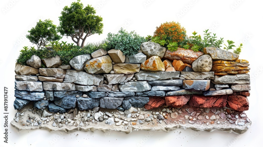 Stone wall cross-section showcasing varied rock layers and vegetation ...