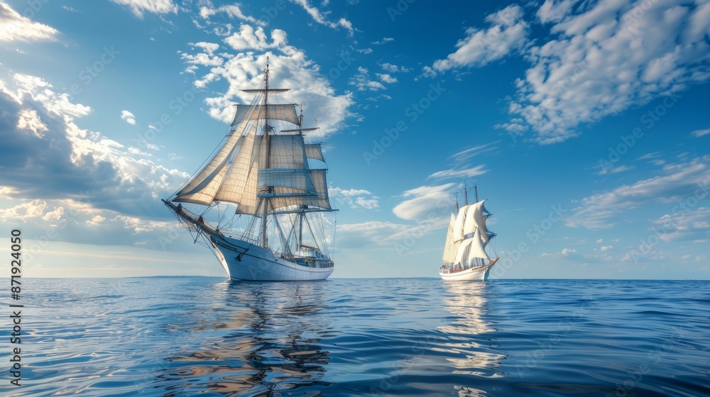 Majestic tall ships sailing the open sea. Two beautiful tall ships with ...