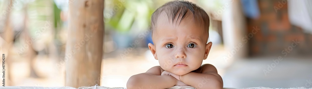 Close-up of an undernourished infant with a distended belly, Starvation ...