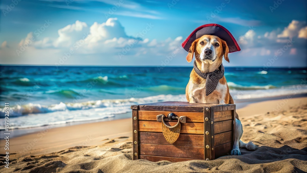 Pirate dog guarding treasure chest on beach , pirate, dog, treasure ...