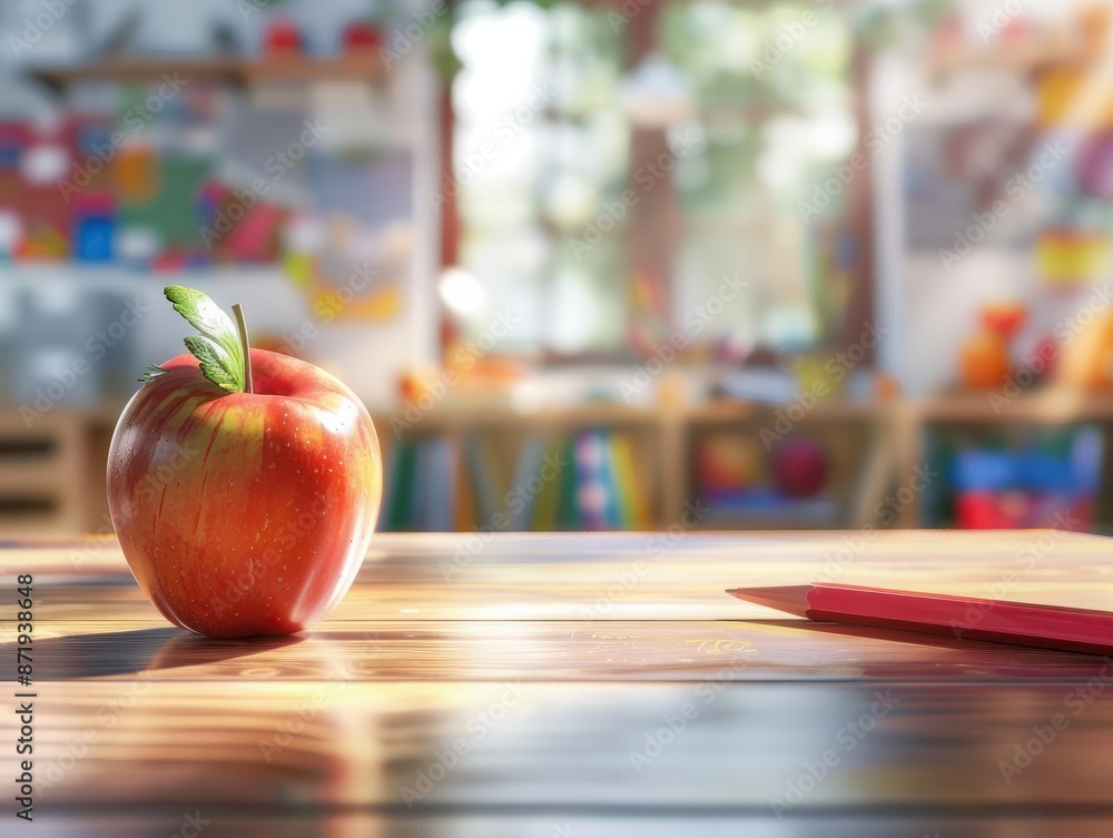 School Teacher's Desk with Blurry Apple and Books in Background ...