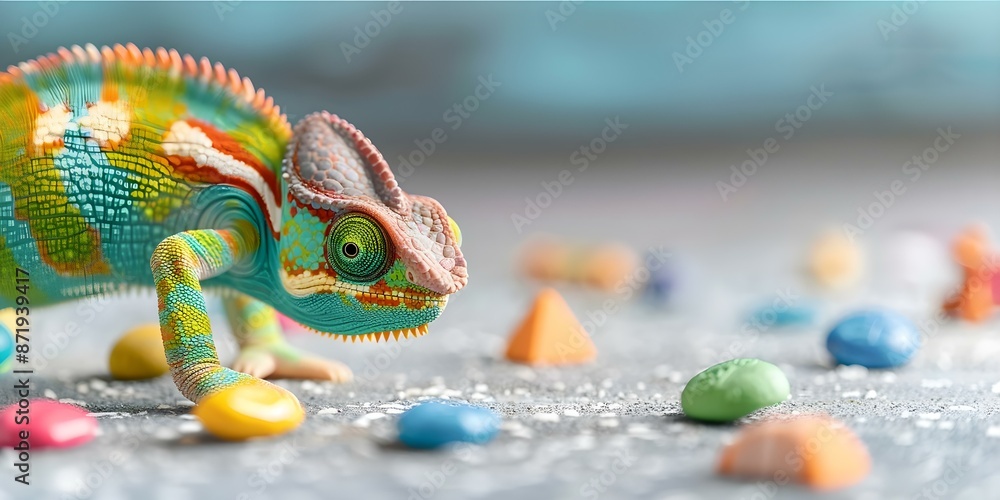 Chameleon blends with toys representing adaptability in child ...