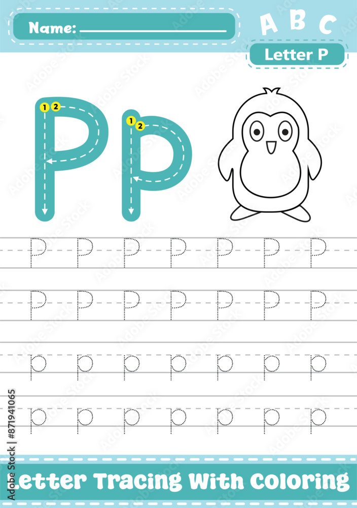 Letter P Uppercase Lowercase Tracing Worksheet with Coloring Apple ...