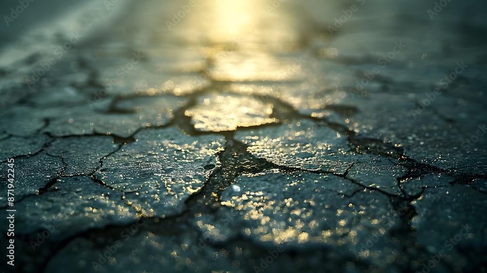 The asphalt road, with cracks and worn areas, illuminated by soft ...