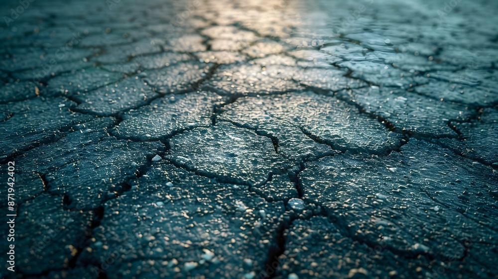 The asphalt road, with cracks and worn areas, illuminated by soft ...