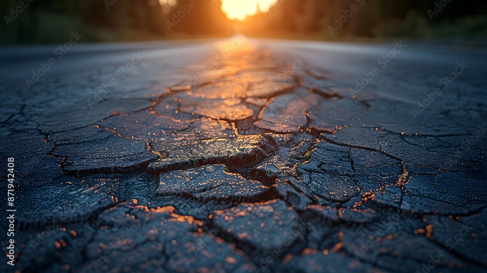 The asphalt road, with cracks and worn areas, illuminated by soft ...