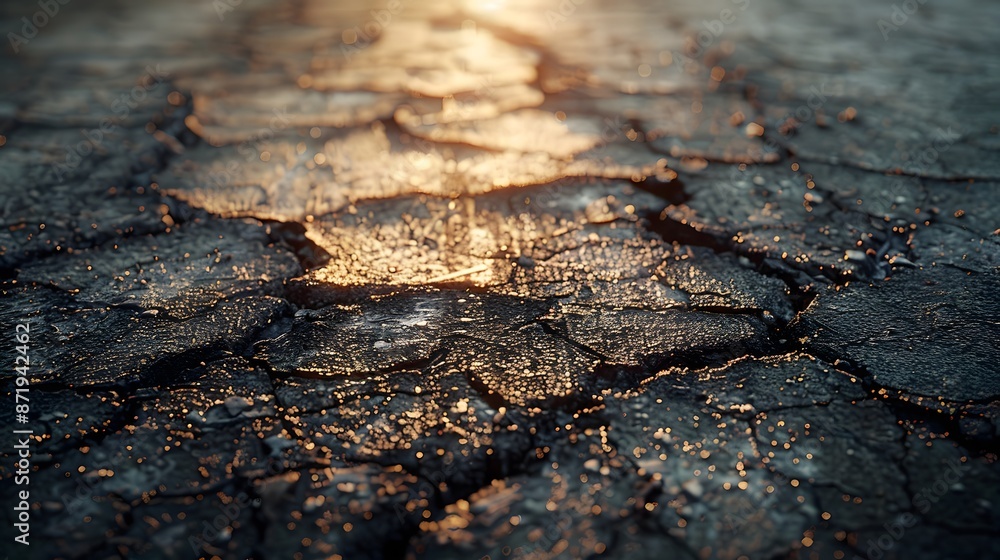 The asphalt road, with cracks and worn areas, illuminated by soft ...