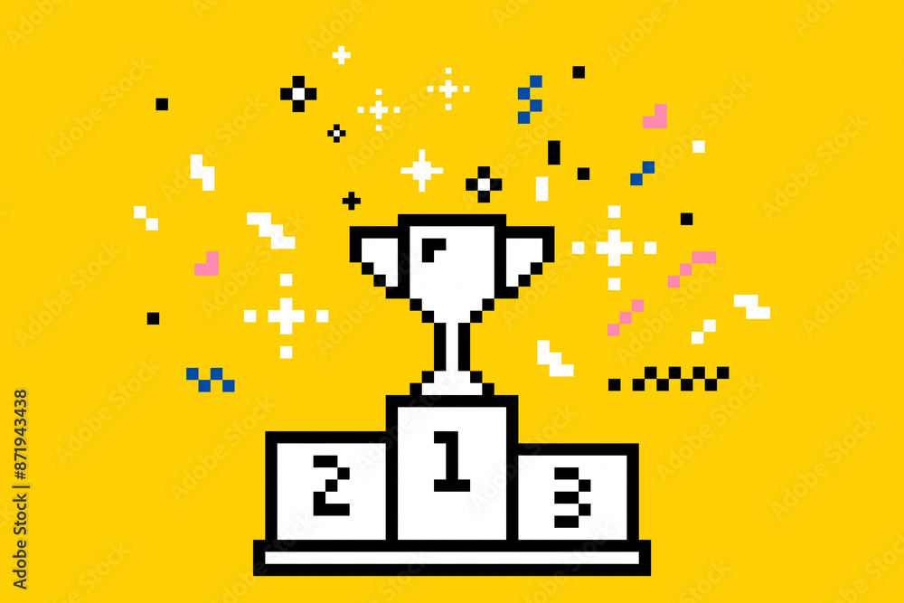 Podium for winners with a gold cup in pixel art style. Pixels pedestal ...