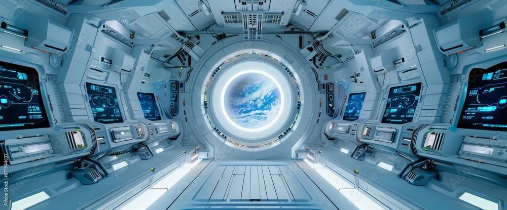 The pilot's seat in the command pod of a futuristic spaceship with ...
