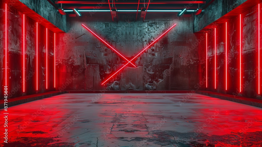3D rendering of futuristic neon arrow laser electric red grime concrete ...