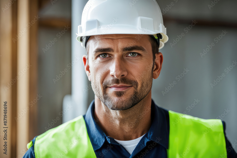 A man wearing a white safety helmet and a fluorescent yellow-green ...
