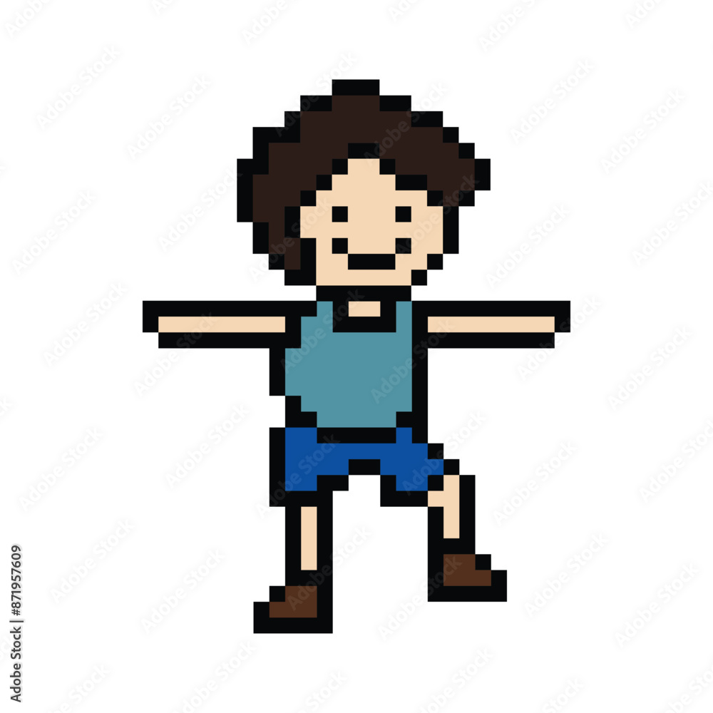 Cute pixel cartoon 8bit character man exercises training dance ...