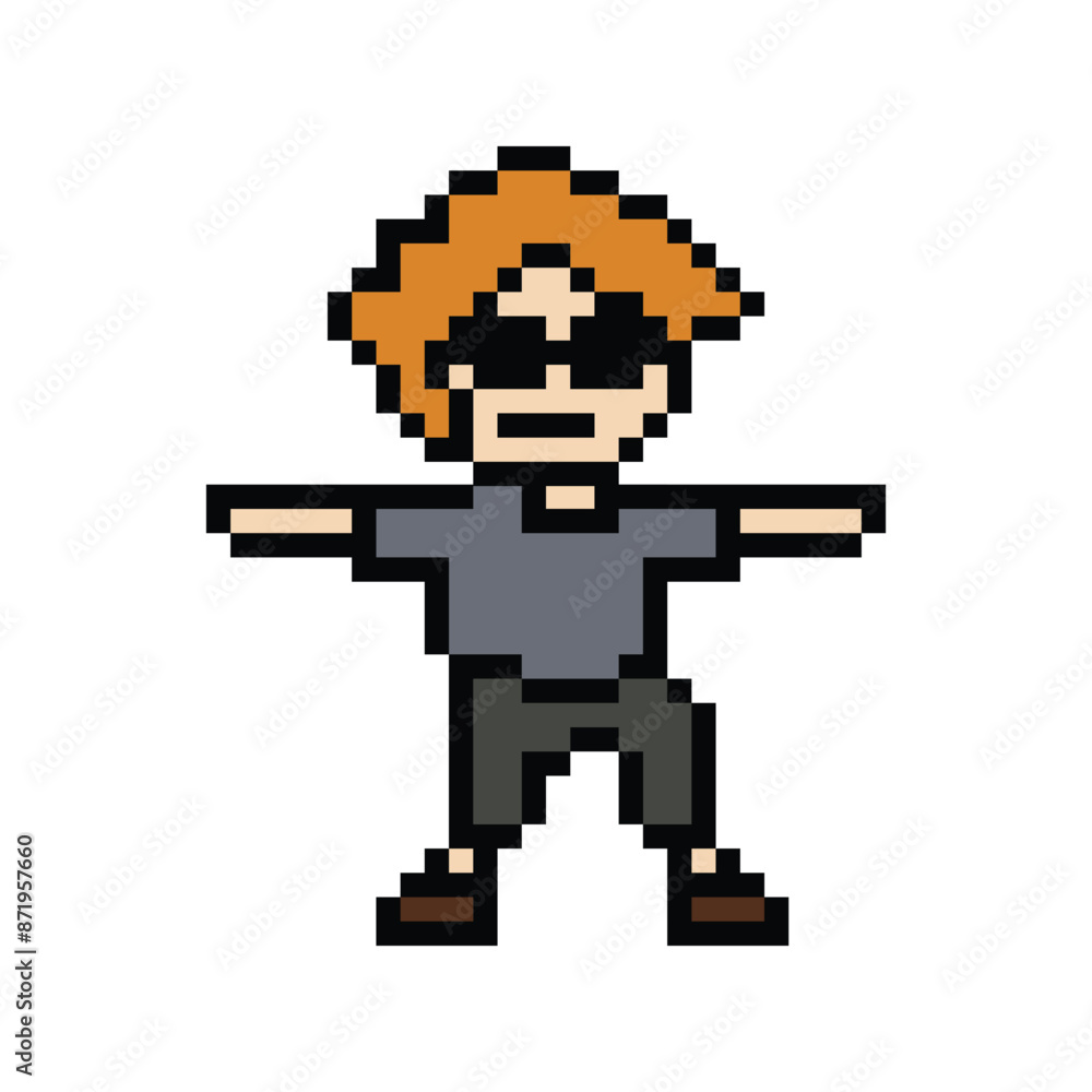 Cute pixel cartoon 8bit character man exercises training dance ...