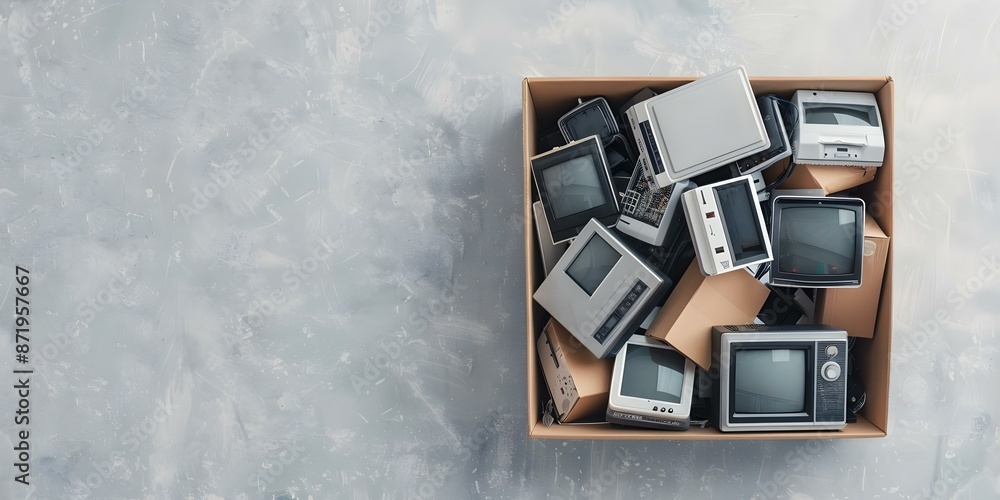 Pile of old electronics in a box for ewaste recycling donation. Concept ...