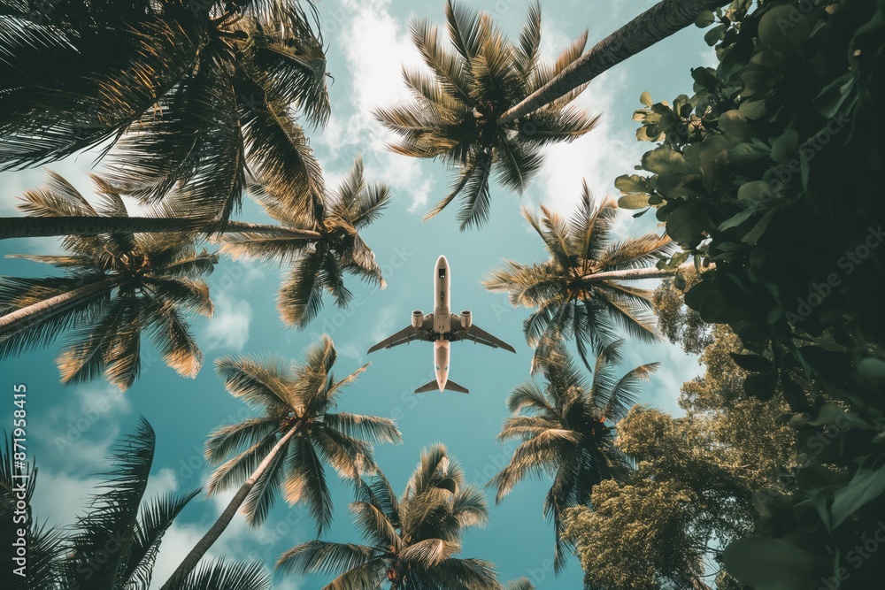 A photo of an plane flying over palm trees taken from the ground ...