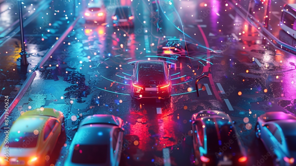 Self-driving autonomous cars, FSD, Neon HUD elements visualize the ...