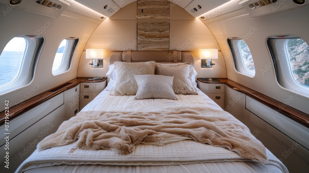 Close-up photograph of the bedroom inside an aircraft fuselage house ...