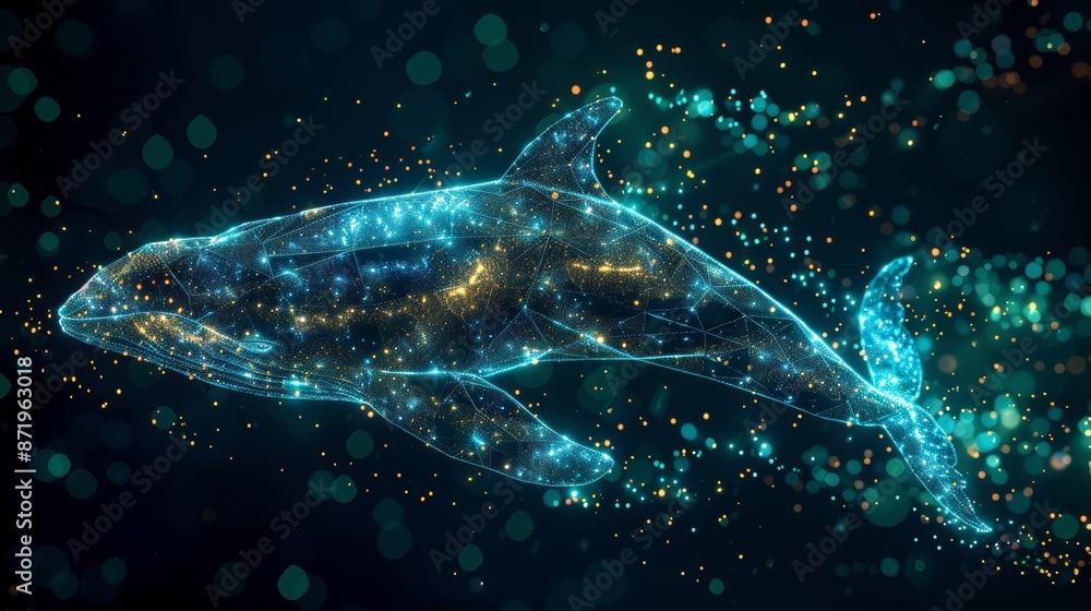 flat 2D illustrate with glowing blue killer whale made of digital ...