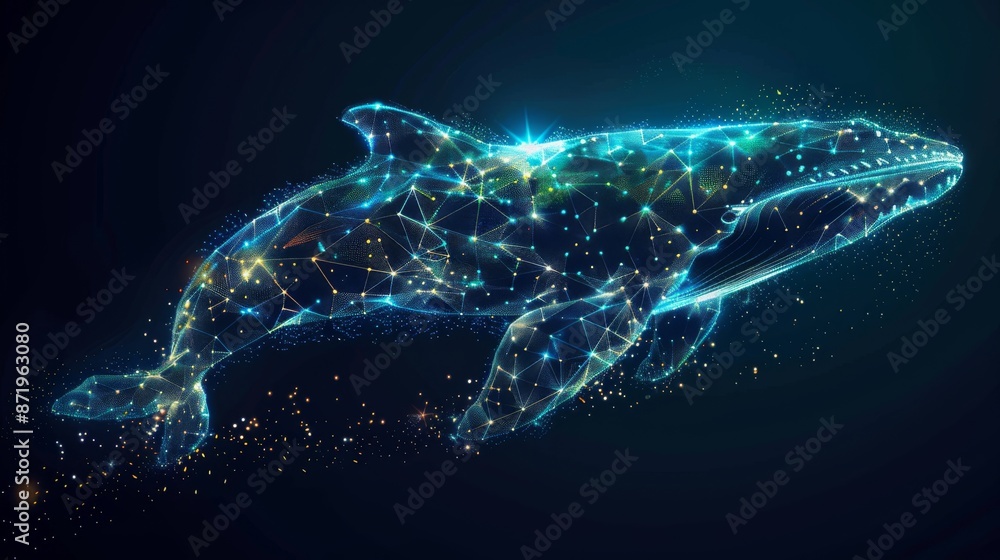 flat 2D illustrate with glowing blue killer whale made of digital ...
