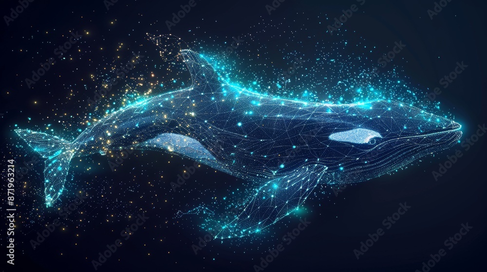 flat 2D illustrate with glowing blue killer whale made of digital ...