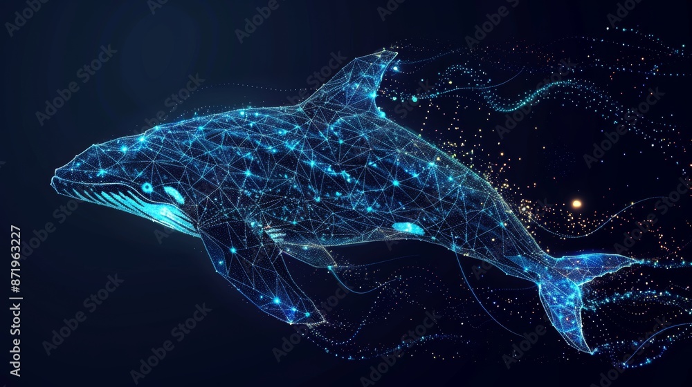 flat 2D illustrate with glowing blue killer whale made of digital ...