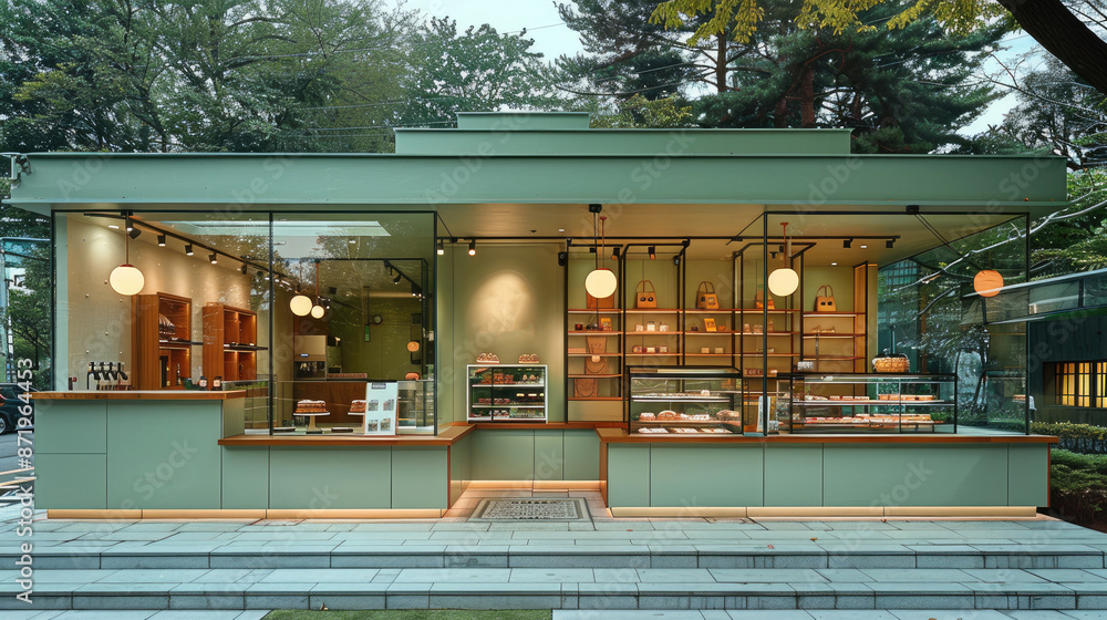 The exterior of a small coffee shop in an avocado green and white theme ...
