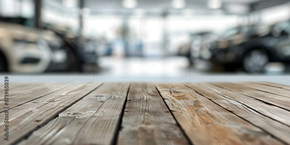 Blurry image of car dealership table with wooden background in focus ...