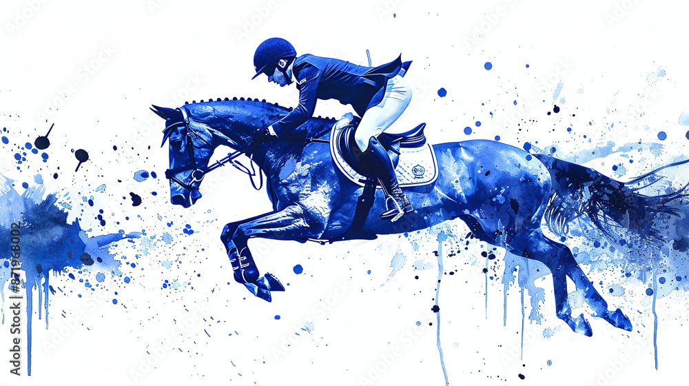 Blue Ink Painting of Show Jumper Silhouette: Light Blue Watercolor ...