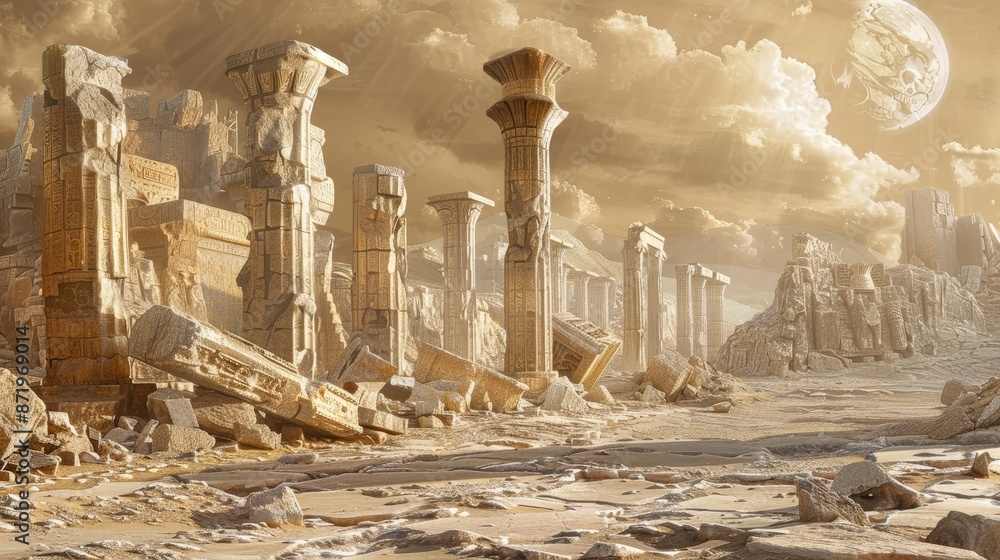 Artistic depiction of ancient ruins in a desert landscape, with ...