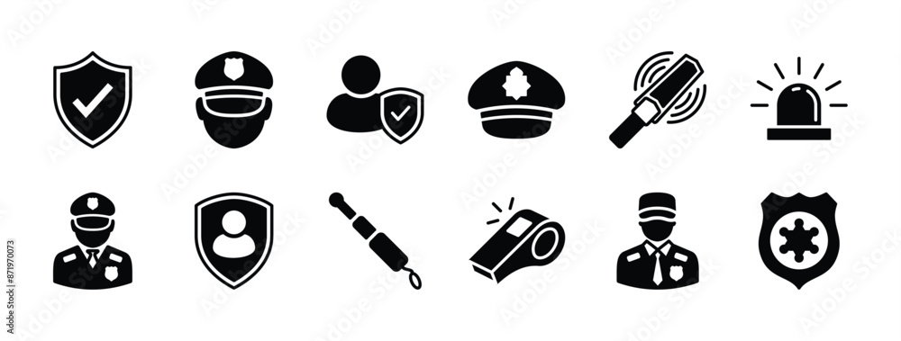 Guard icon set. Containing shield protection with checkmark, hat police ...