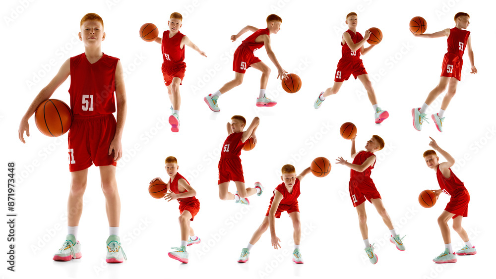 Teen boy, basketball player in red uniform, in dynamic pose with ball ...
