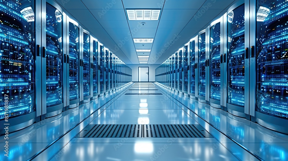A large server rooms with blue screens and LED indicators, highlighting ...