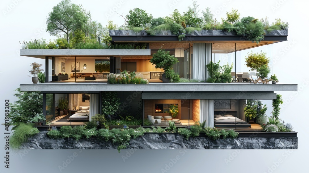 Visualize a detailed cross-section of a carbon-neutral building with ...